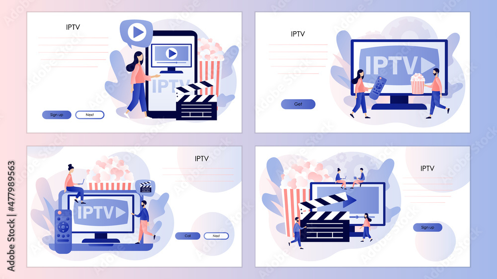 Vetor de IPTV concept. Tiny people watch digital media TV stream ...