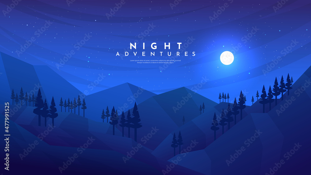 Vector illustration. Minimalist landscape background. Dark night scene ...