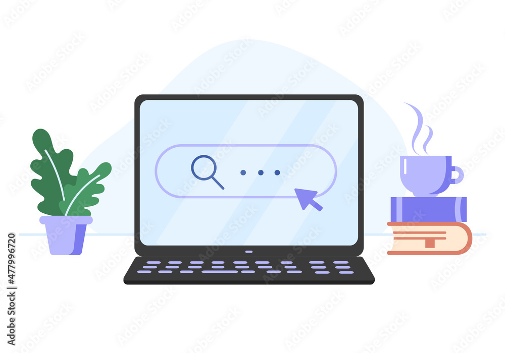 Laptop with search bar. Magnifier and cursor symbol on computer screen ...