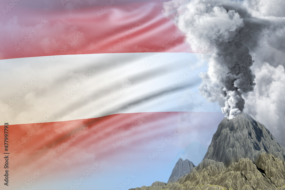 volcano eruption at day time with white smoke on Austria flag ...