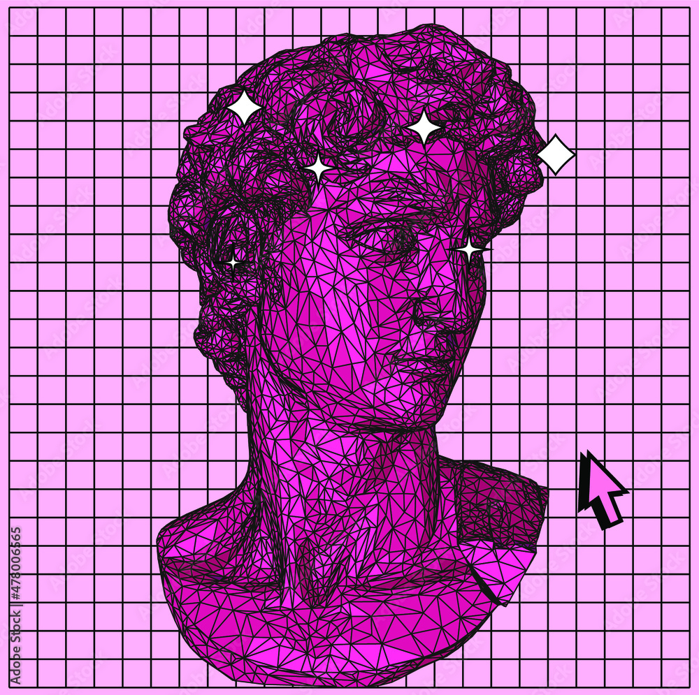 Retrofuturistic 3D illustration of a low poly bust sculpture. Vaporwave ...