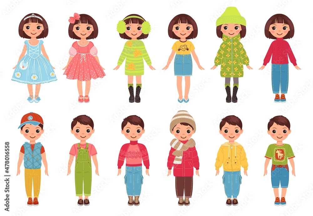 Kids different wearing. Stylish happy girls and boys characters ...