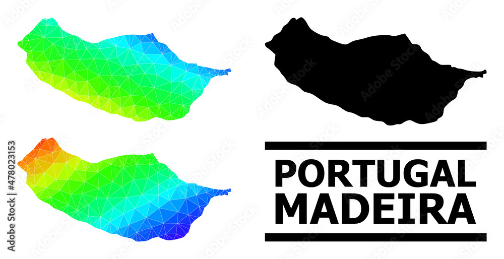 Vector low-poly rainbow colored map of Madeira Island with diagonal ...