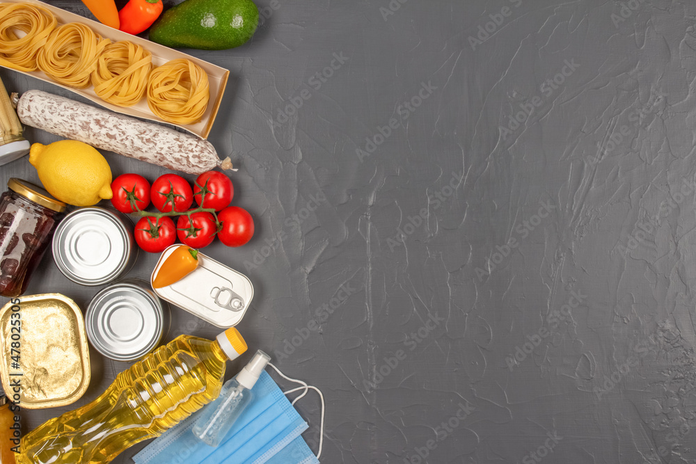 Food bank, food delivery concept. Food and medicine donations on gray ...