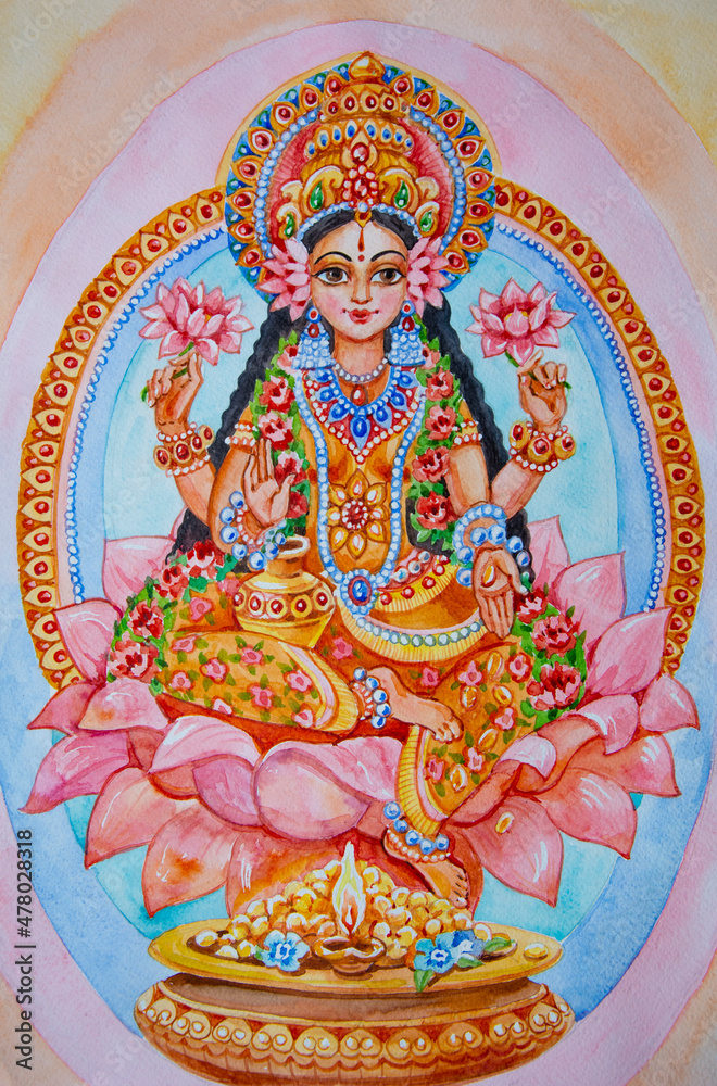 Beautiful Goddess Lakshmi on a lotus flower with a large vase of coins ...