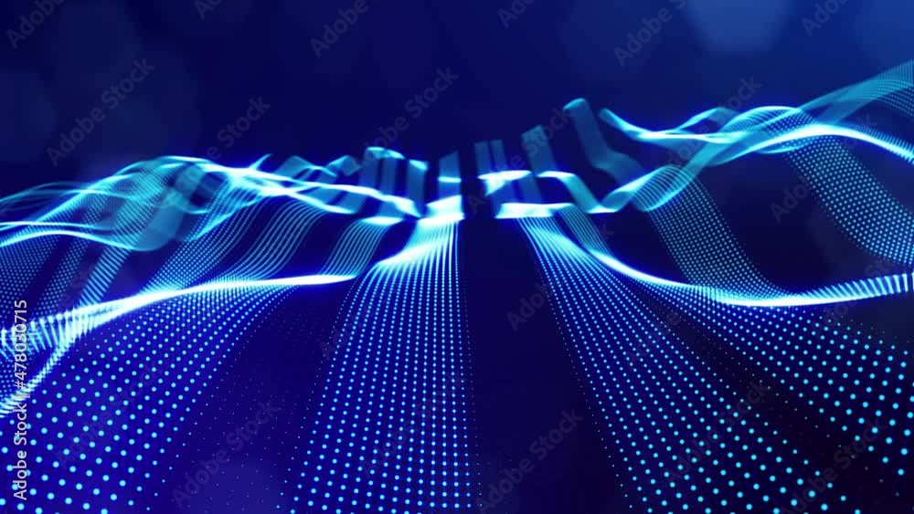 blue high tech bg with glow particles form complex stripe structure. 3d ...