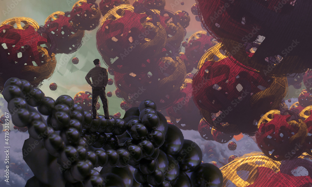 Dream like abstract imaginary image. 2d illustration. Human standing on ...