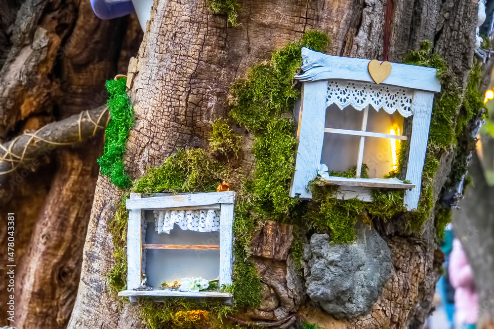 Fantasy fairy tale forest with magical shining window of enchanted elf ...