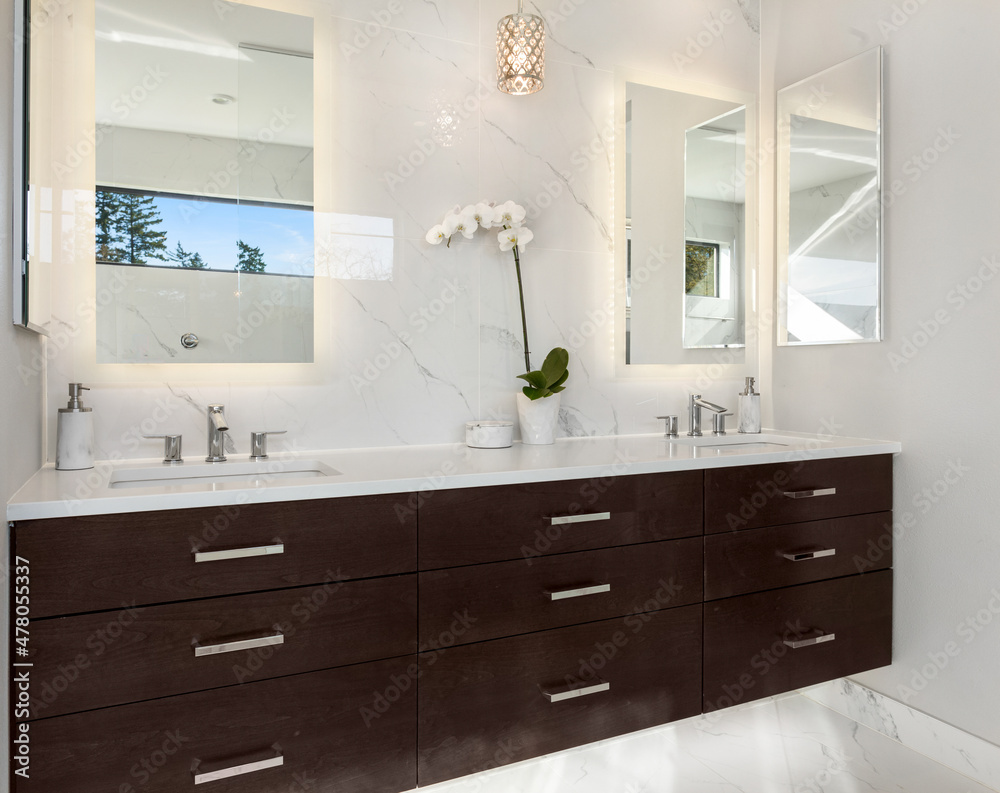Beautiful bathroom vanity in new luxury home. Double vanity with ...