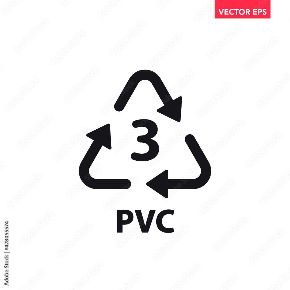 Black single plastic recycle PVC 3 icon, simple recycle code flat design vector pictogram ...