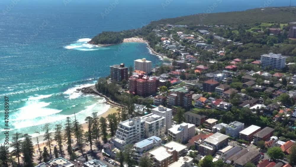 Aerial drone flyover of Manly suburb on the Northern Beaches of Sydney ...