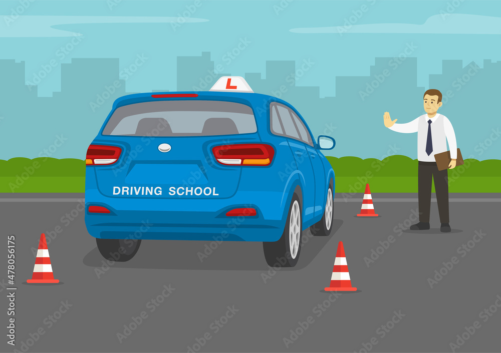 Car driving practice test with red cones. Student driver driving a blue ...