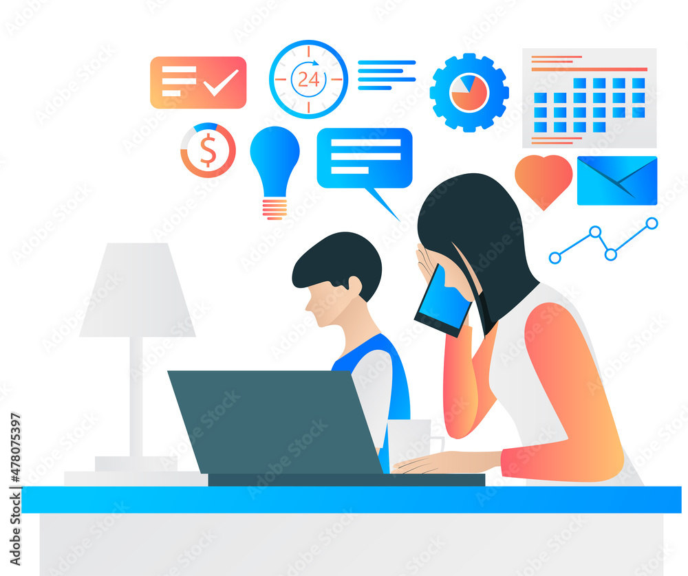 Illustration of a man or women in front of a laptop calling a client ...