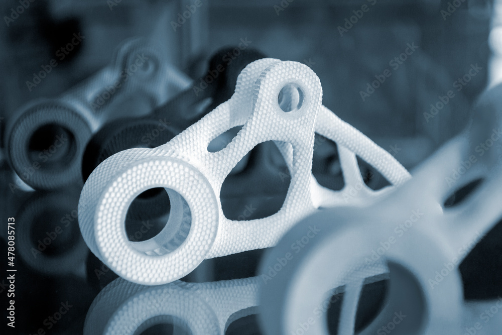 White abstract model printed on 3d printer from powder close-up. 3D ...