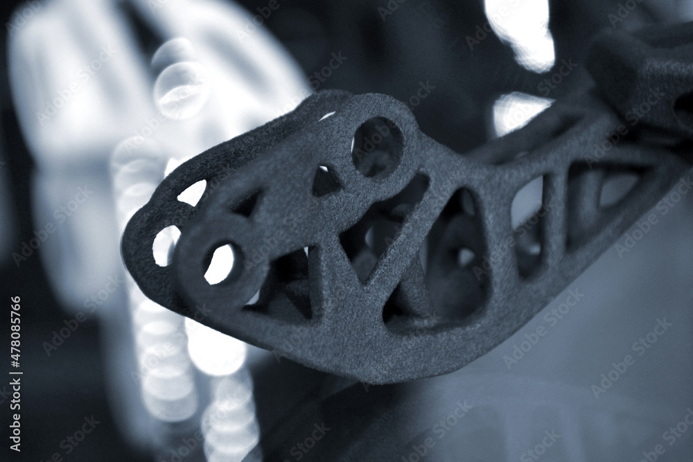 Black abstract model object printed on 3d printer from powder close-up ...