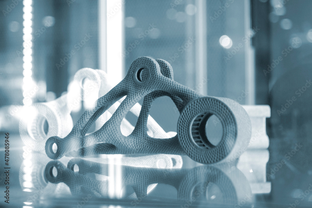 Gray abstract model object printed on 3d printer from powder close-up ...