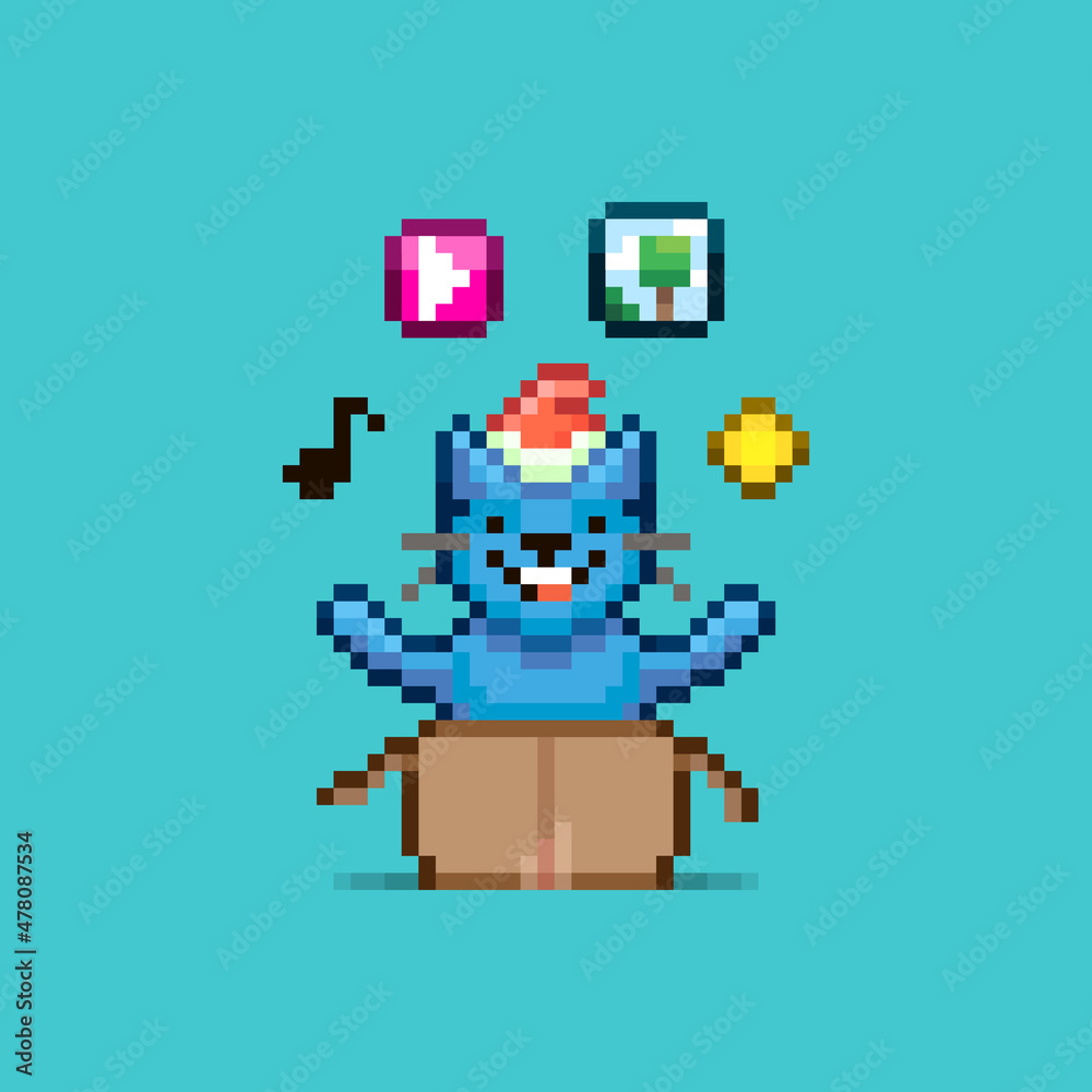 colorful simple flat pixel art illustration of cartoon smiling blue cat ...