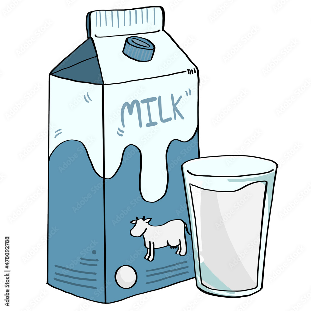 milk product container, cardboard box and glass, cute hand drawn style ...