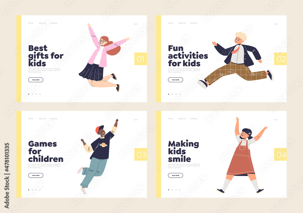Gifts, funny activities and games for kids landing pages set with happy ...