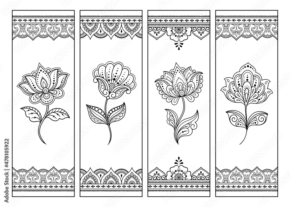 Bookmark for book - coloring. Set of black and white labels with floral ...