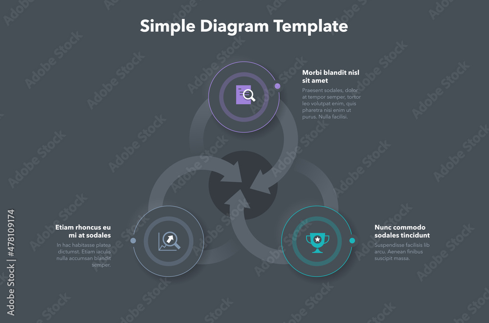 Simple business diagram with three steps - dark version. Easy to use ...