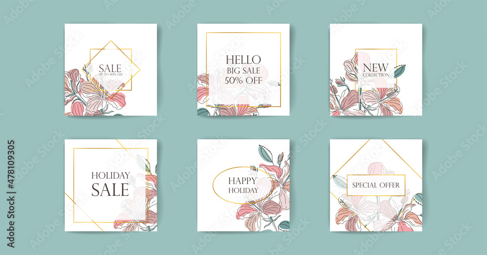 Set of six discount card templates using floral background. The flowers ...