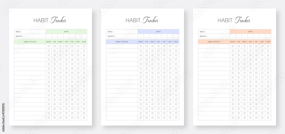 Habit tracker template. Habits Tracker printable A4 template set ...