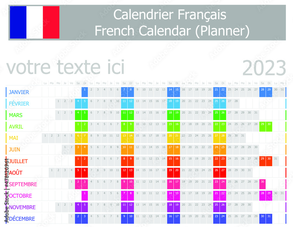 2023 French Planner Calendar with Horizontal Months on white background ...