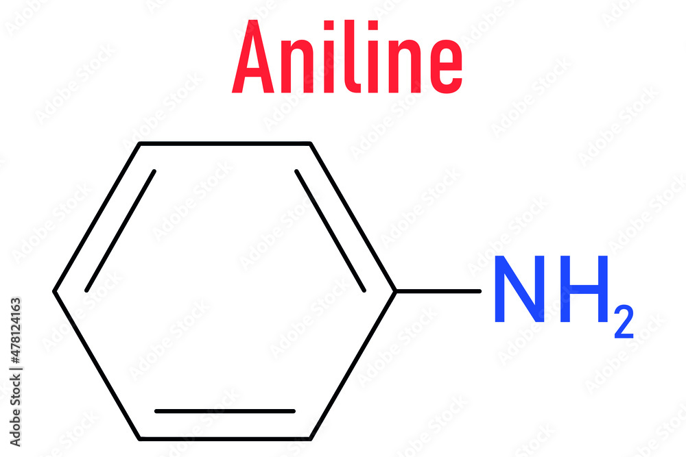 Aniline molecule. Also known as phenylamine, aminobenzene. Skeletal ...