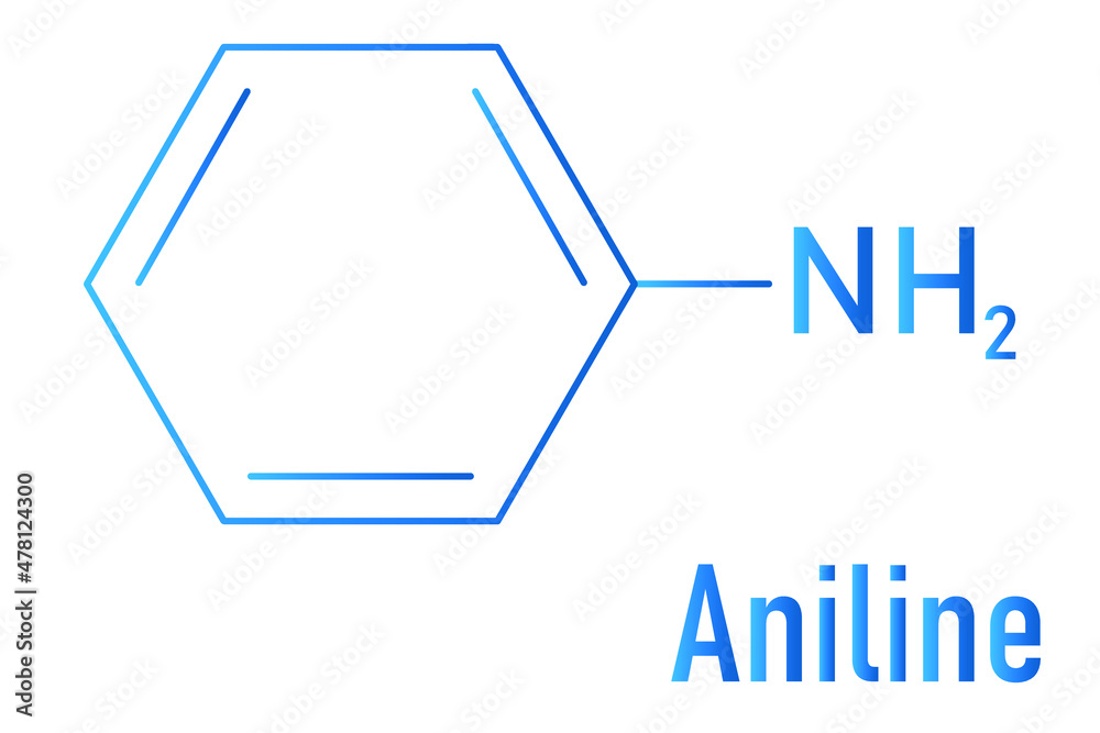 Aniline molecule. Also known as phenylamine, aminobenzene. Skeletal ...
