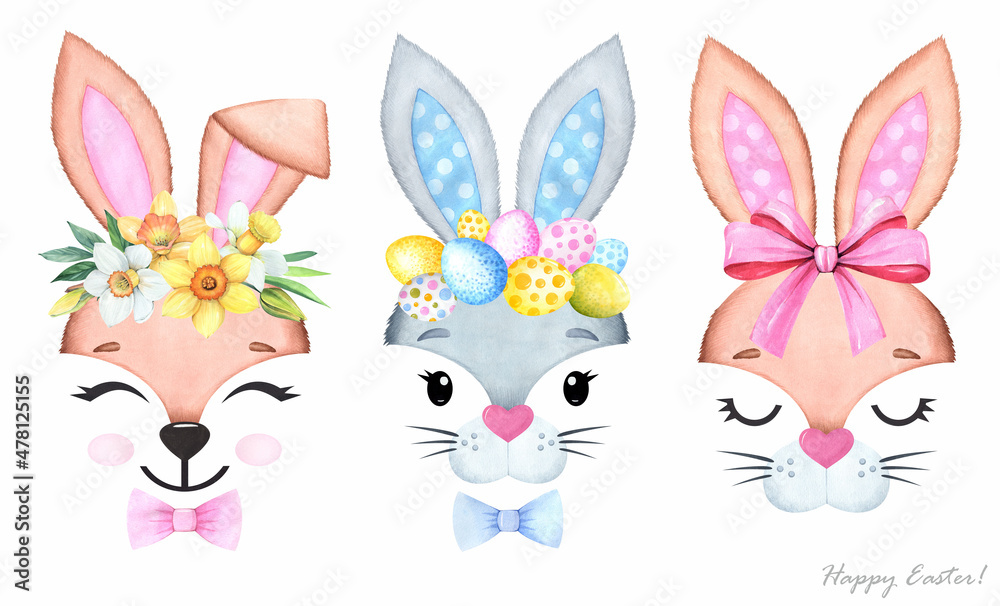 Bunny face on a white background. Cute Easter bunny with eggs and ...