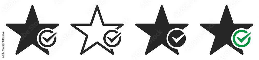 Set of star favorite icons with confirmation checkmark. Star and tick ...