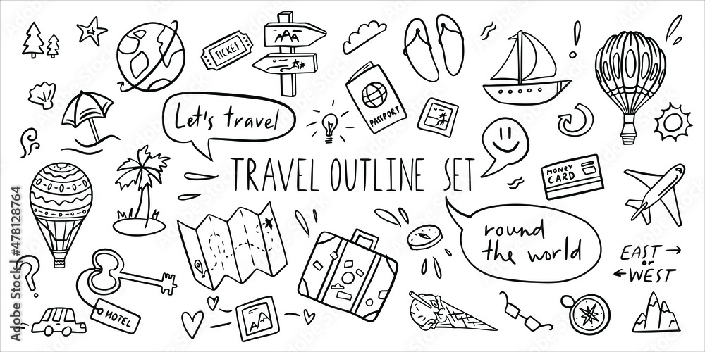 World tour outline doodle set. Drawing line vector sketches. Stock ...
