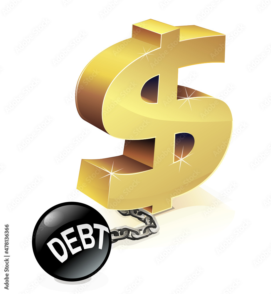 3d dollar sign of united states currency and gold chained to a debt ...
