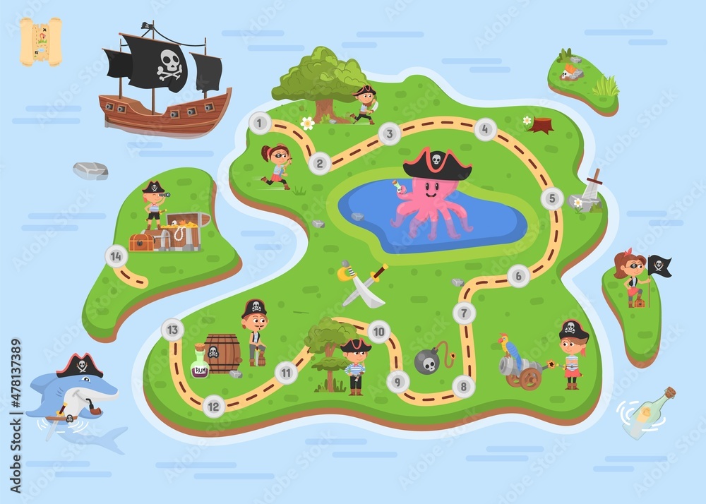 Pirate game map. Pirates attraction, board paper travel maps. Ocean ...
