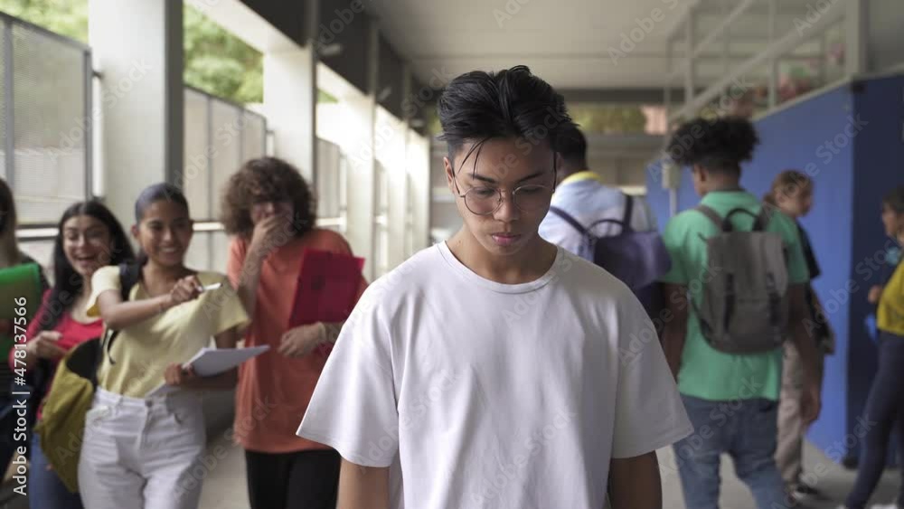 Sad Asian teenager victim of bullying at the High School. Abused ...