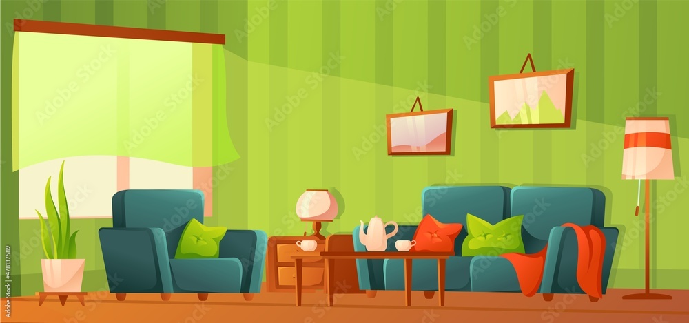 Cartoon living room interior. Modern spring room, sunlight in home ...