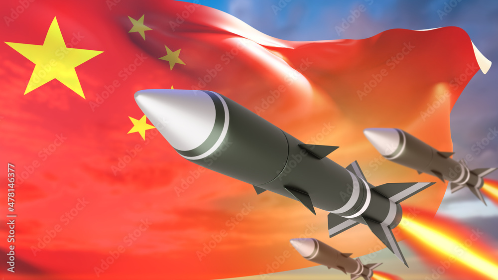 Missile weapons of China. Rockets on background of Chinese flag. Air ...