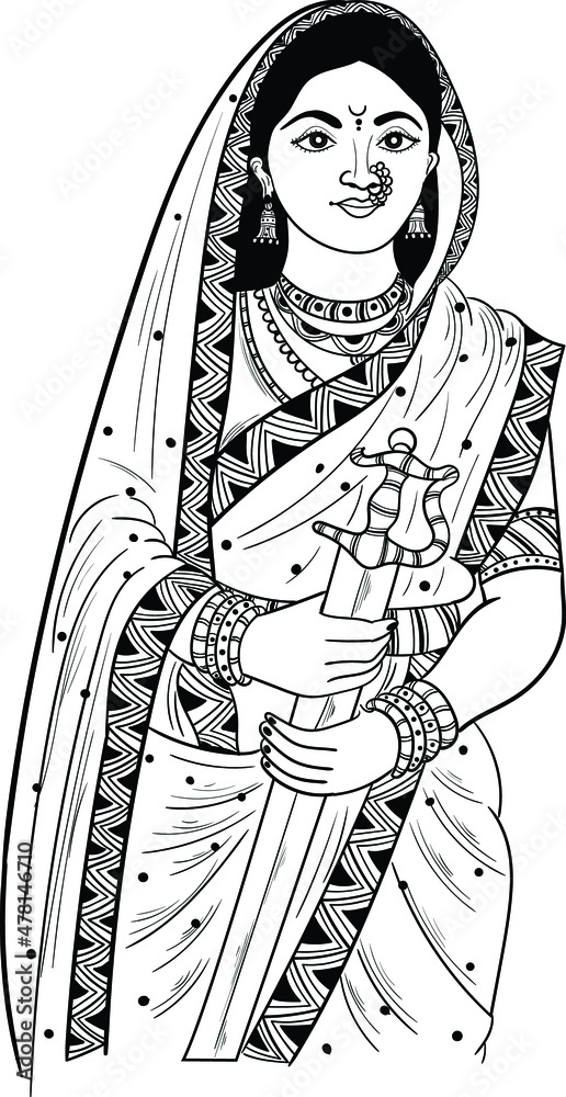 Indian queen black and white line drawing illustration. Indian queen ...