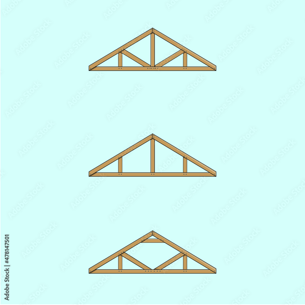 Three vector wood trusses that are used in the construction of a roof ...