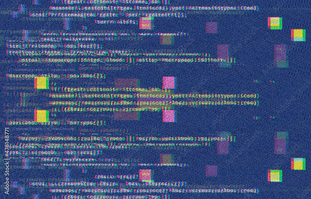 Source code on a blue screen with lots of noise and digital glitch ...