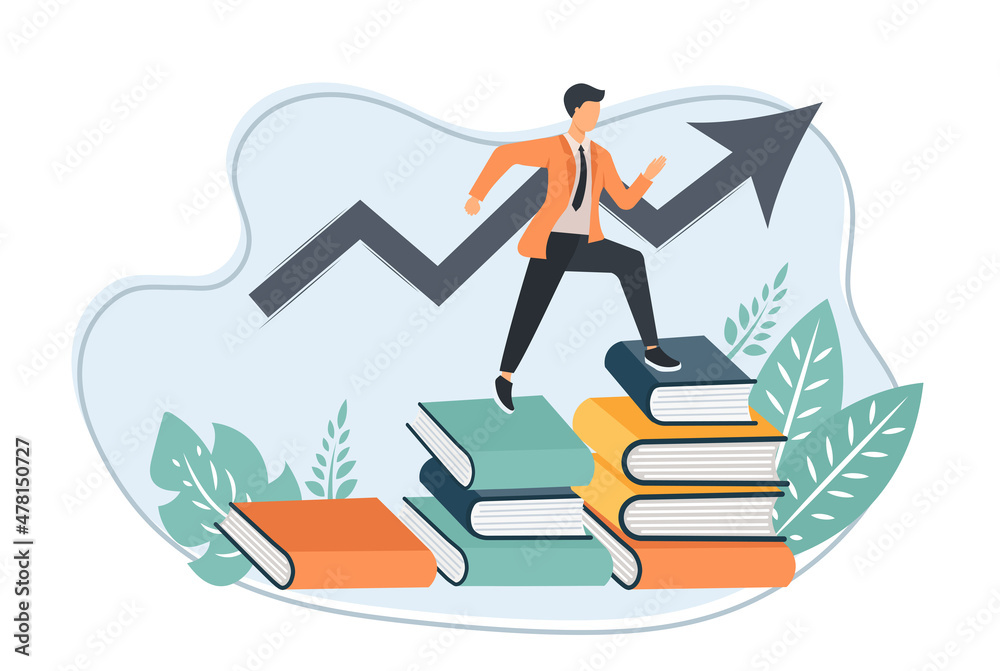 Vector cartoon illustration of Successfull man going from one education ...