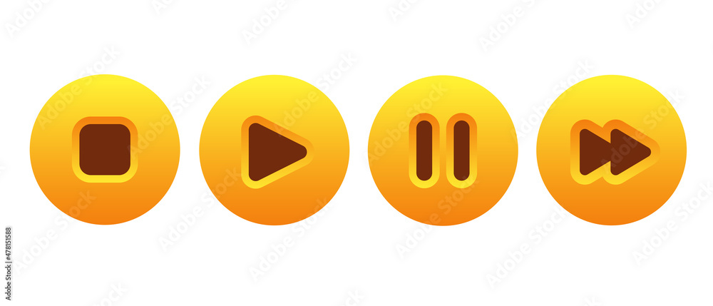 Set of gold play buttons. Cartoon 3d buttons Play, pause, forward, skip ...