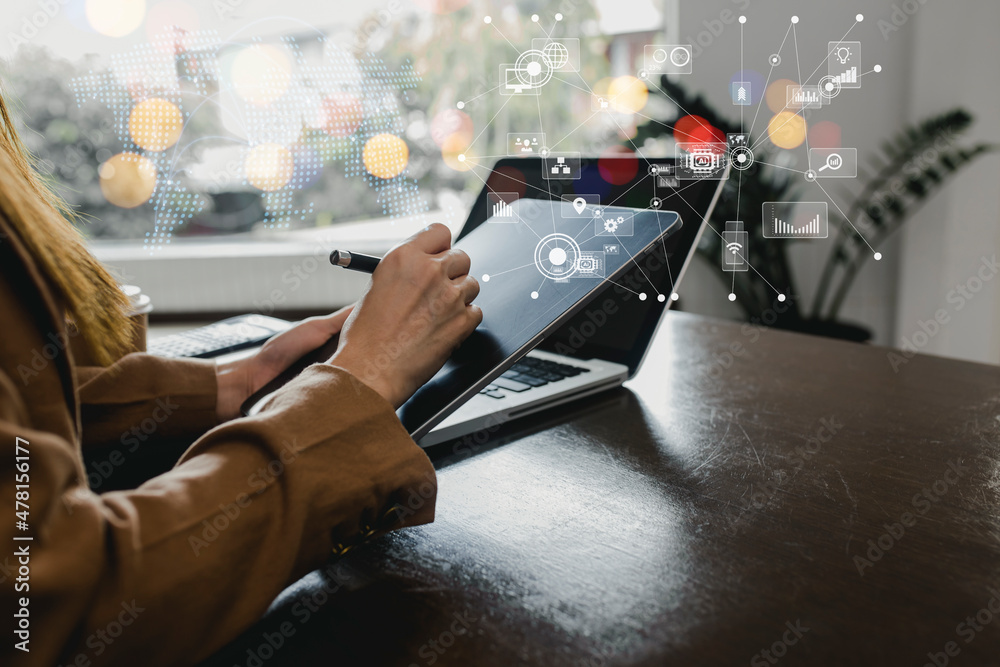 Business people hands working on network and digital finance marketing ...