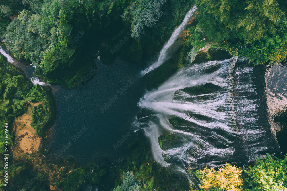 Big waterfall. Top view of water drop from drone. Waterfall Marmore ...