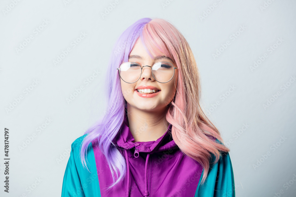 Beautiful yandere girl with purple hair and 80s tracksuit on gray ...