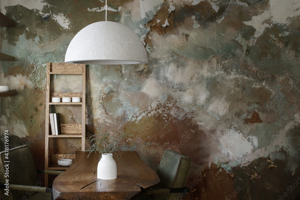 Forest green interior of dining room design with solid oak wooden table ...