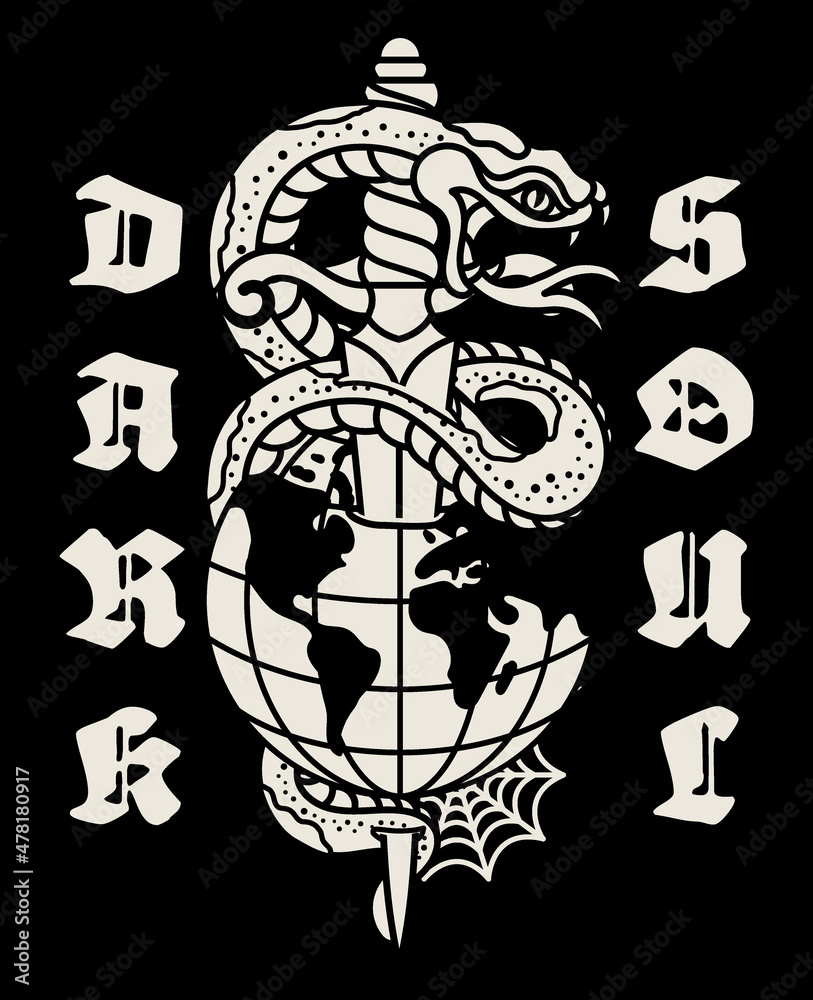 Snake Around Dagger Tattoo Style Illustration with A Slogan Artwork on ...