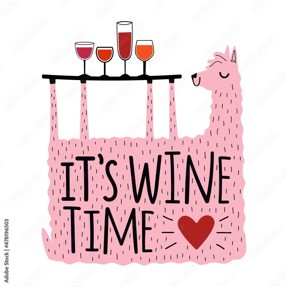 Vector illustration with llama, glasses with red wine and lettering ...