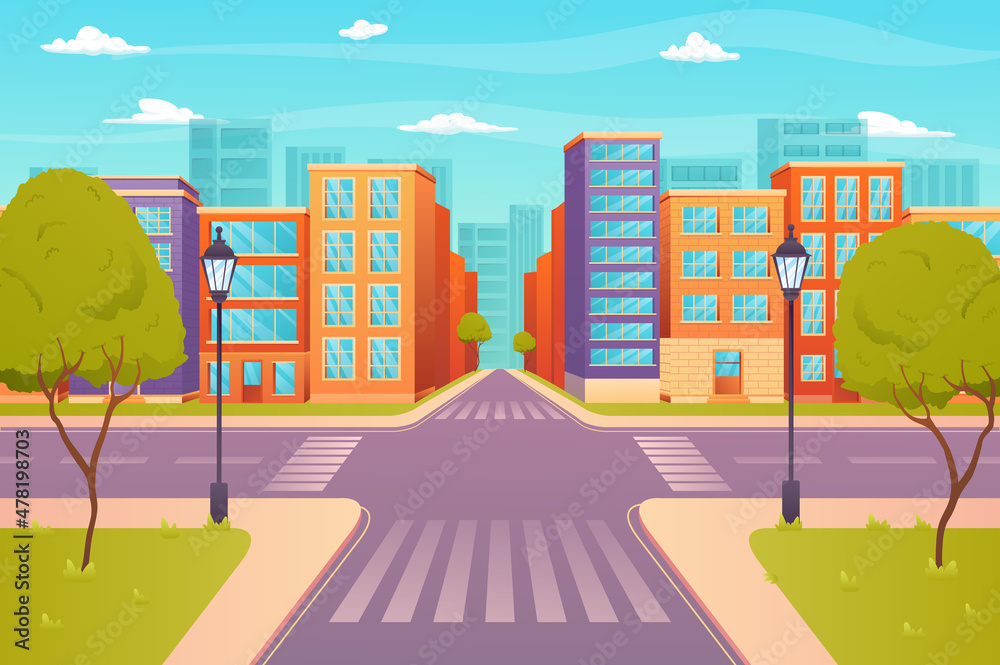 Crossroads on city street view concept in flat cartoon design. Cityview ...